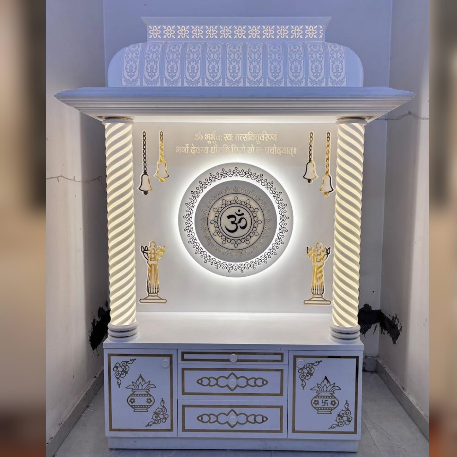 Corian Mandir With Backlight and Pillar Light - Trust and Craft